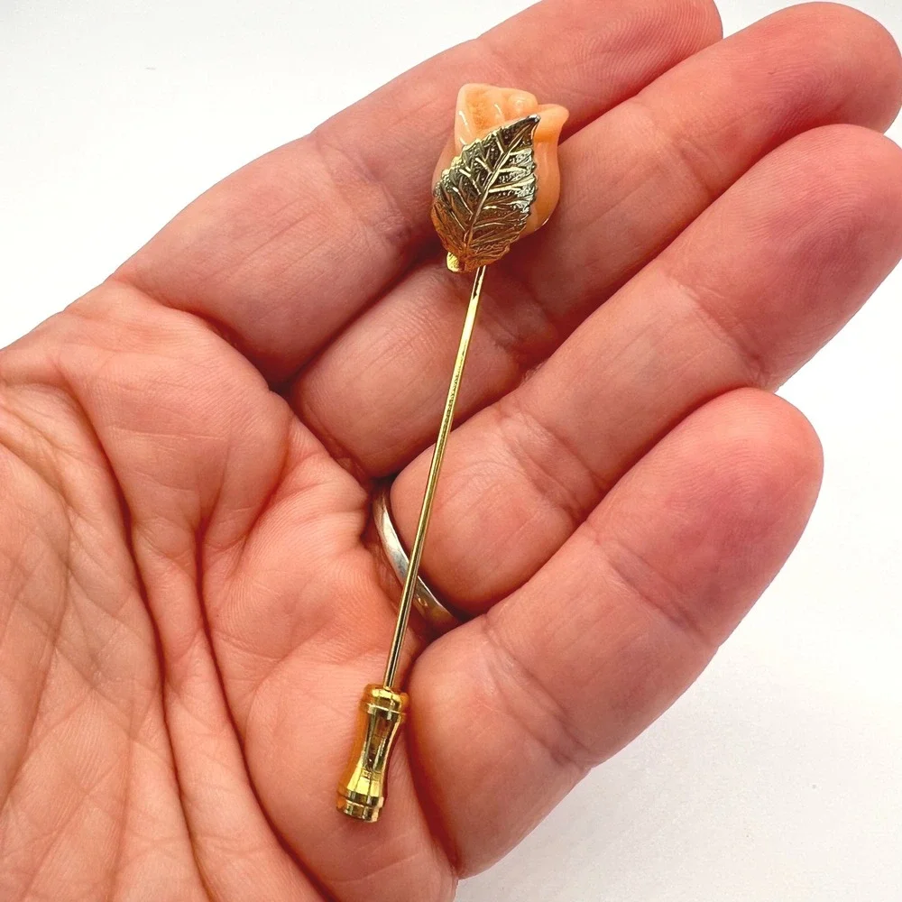 Jewelry | Gold Tone Carved Pinkpeach Lucite Rose Etched Leaves Stick ...